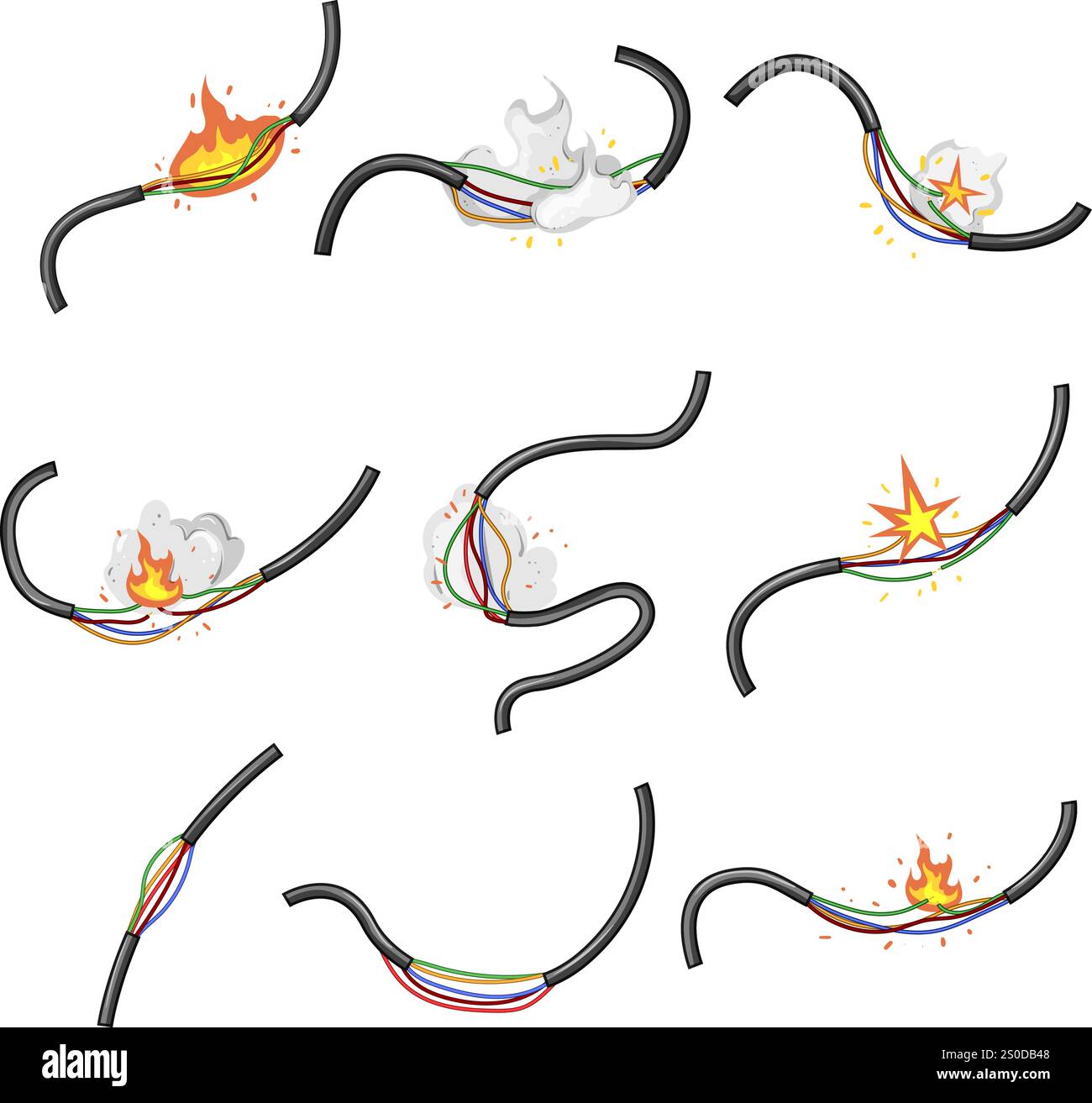 broken cable set cartoon. damage frayed, insulation maintenance ...