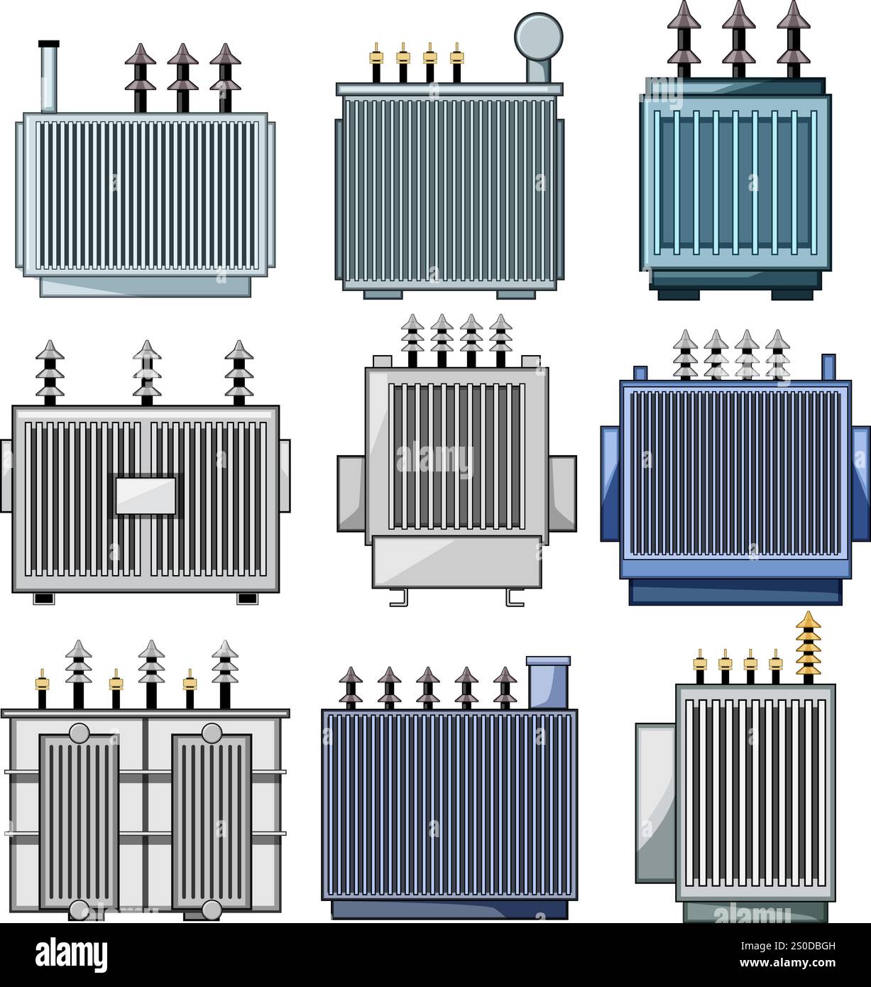 electrical transformer set cartoon. current power, efficiency winding ...