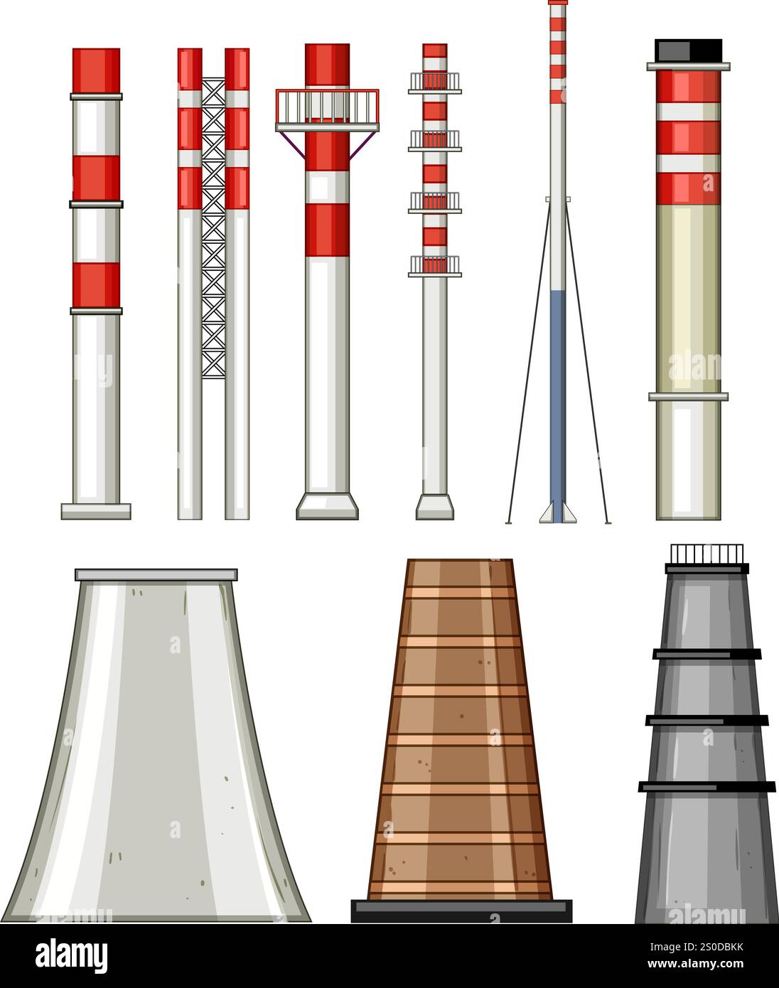 industrial chimney set cartoon. emissions smoke, draft height, diameter ...
