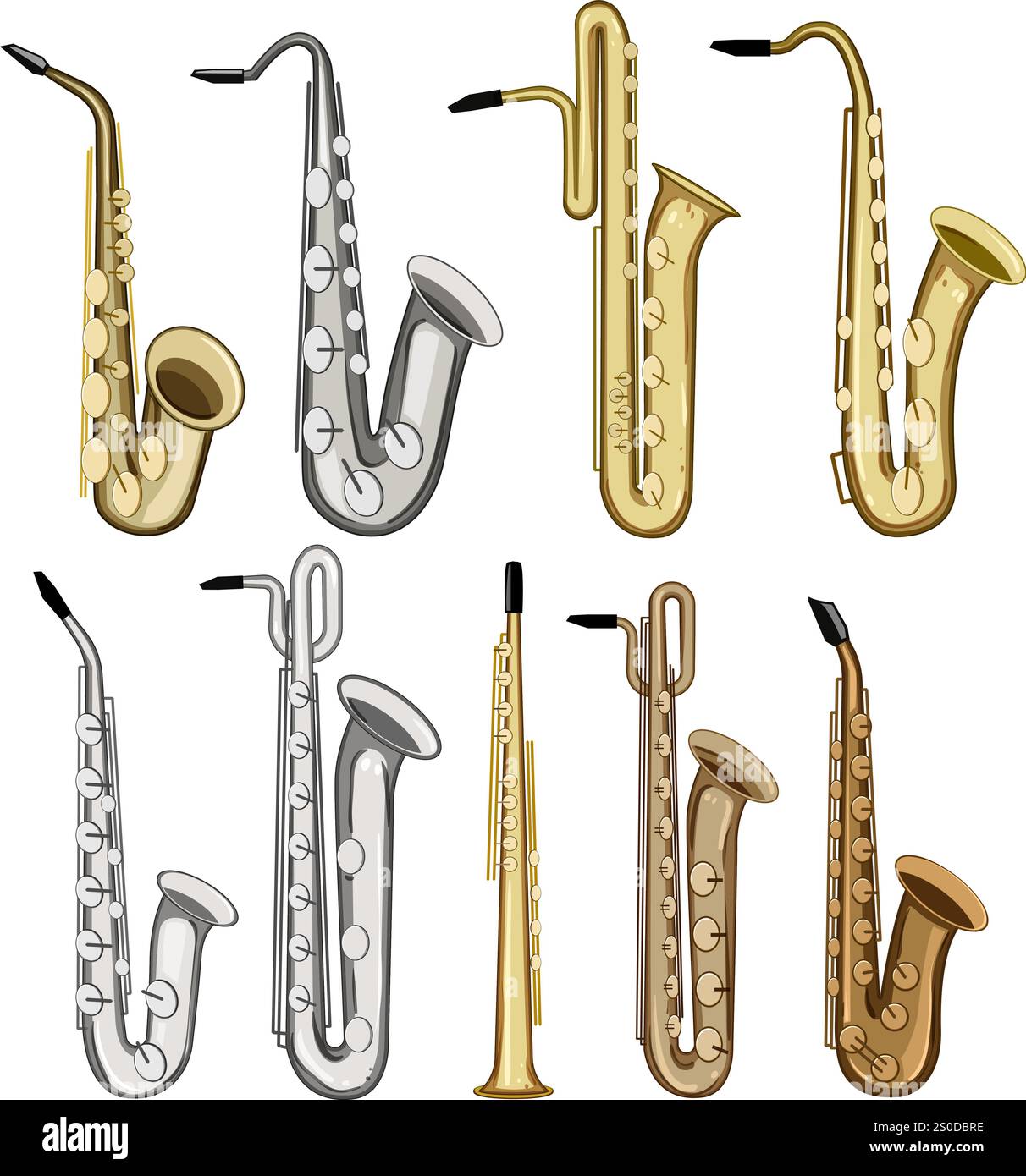 saxophone set cartoon. tenor soprano, reed brass, woodwind keys ...