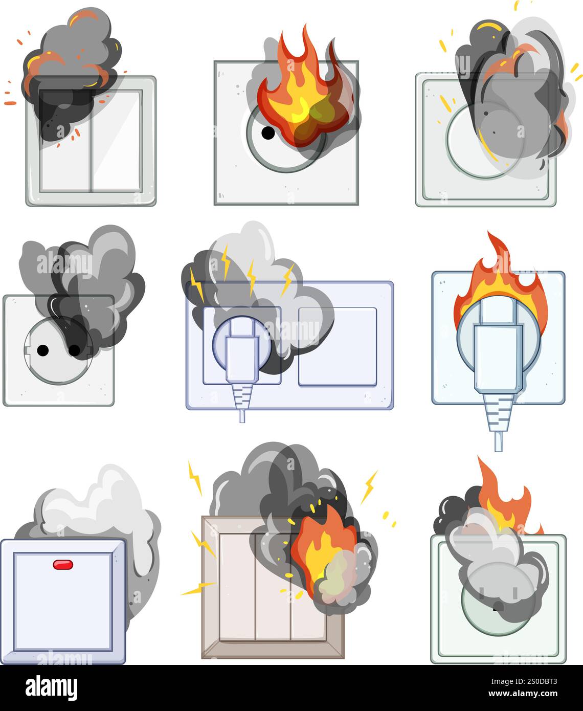 short circuit fire set cartoon. wiring sparks, insulation arcing ...
