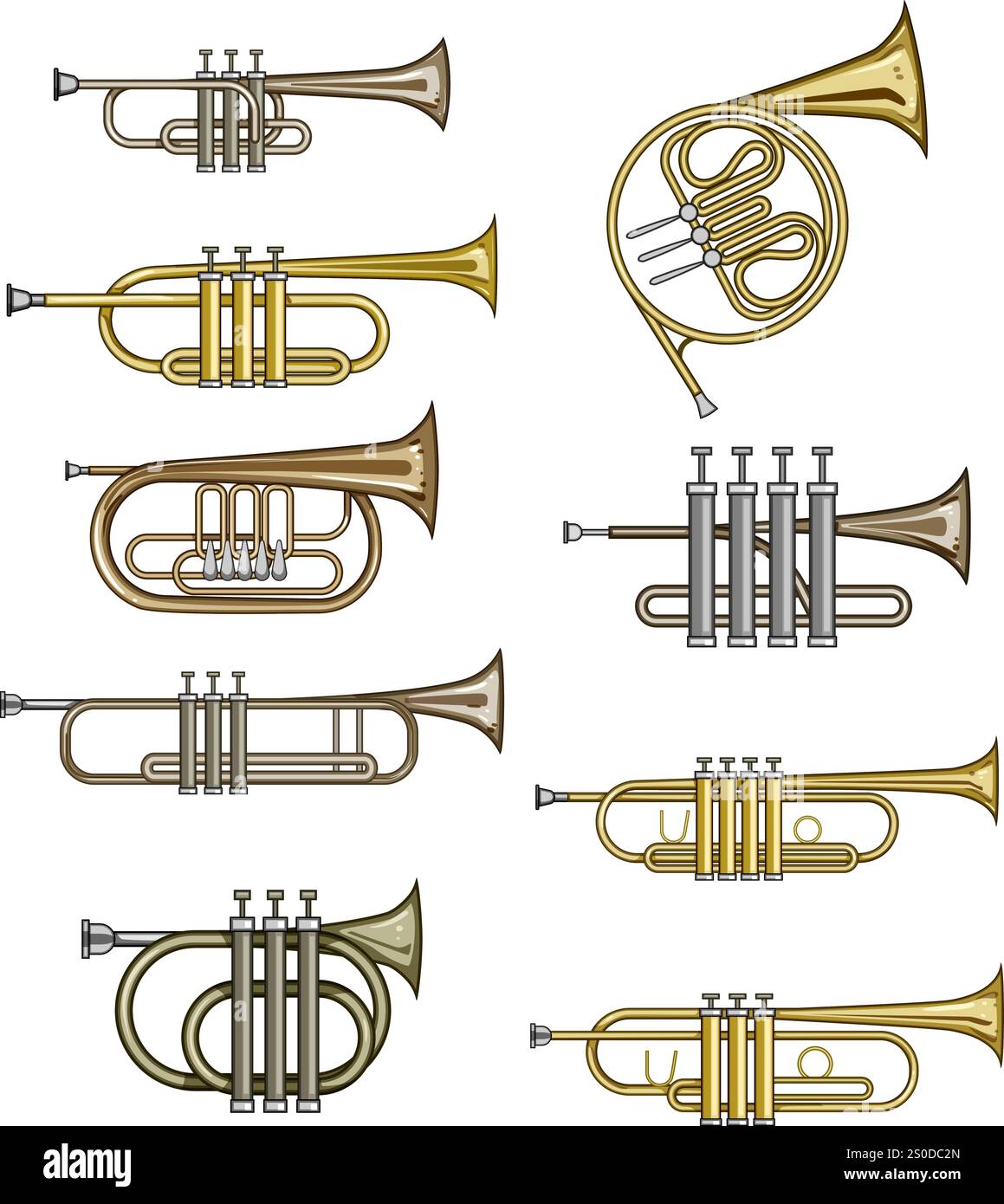 trumpet set cartoon. jazz classical, horn valves, bell mouthpiece ...