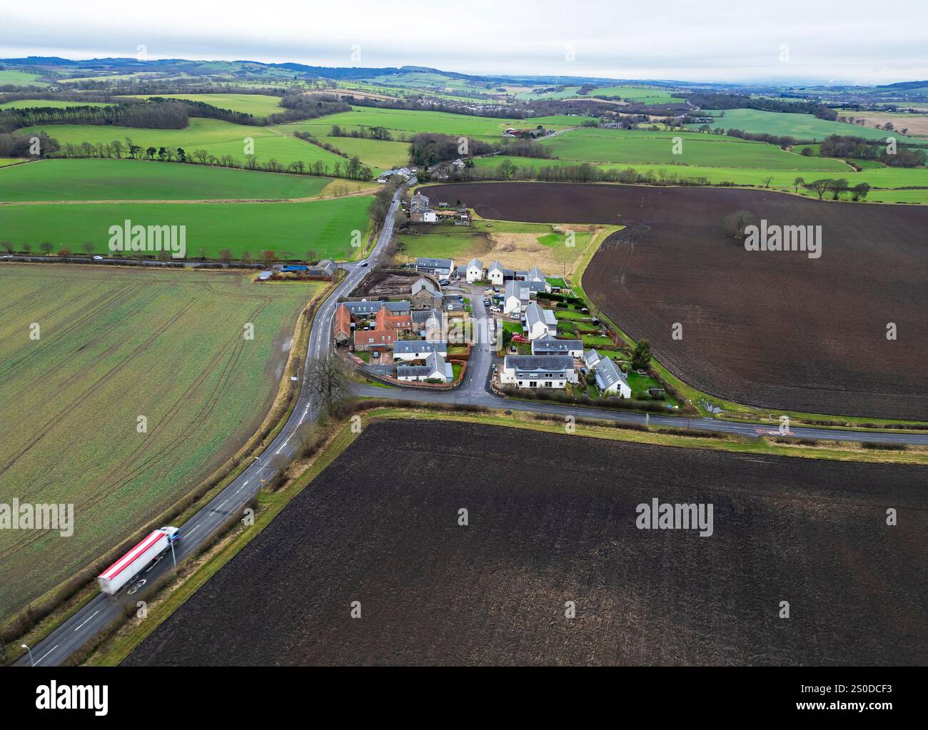 Aerial drone view of Threemiletown, West Lothian, the area around ...
