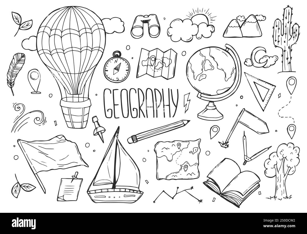 Geography doodle set. Education and study concept. map, globe, compass ...