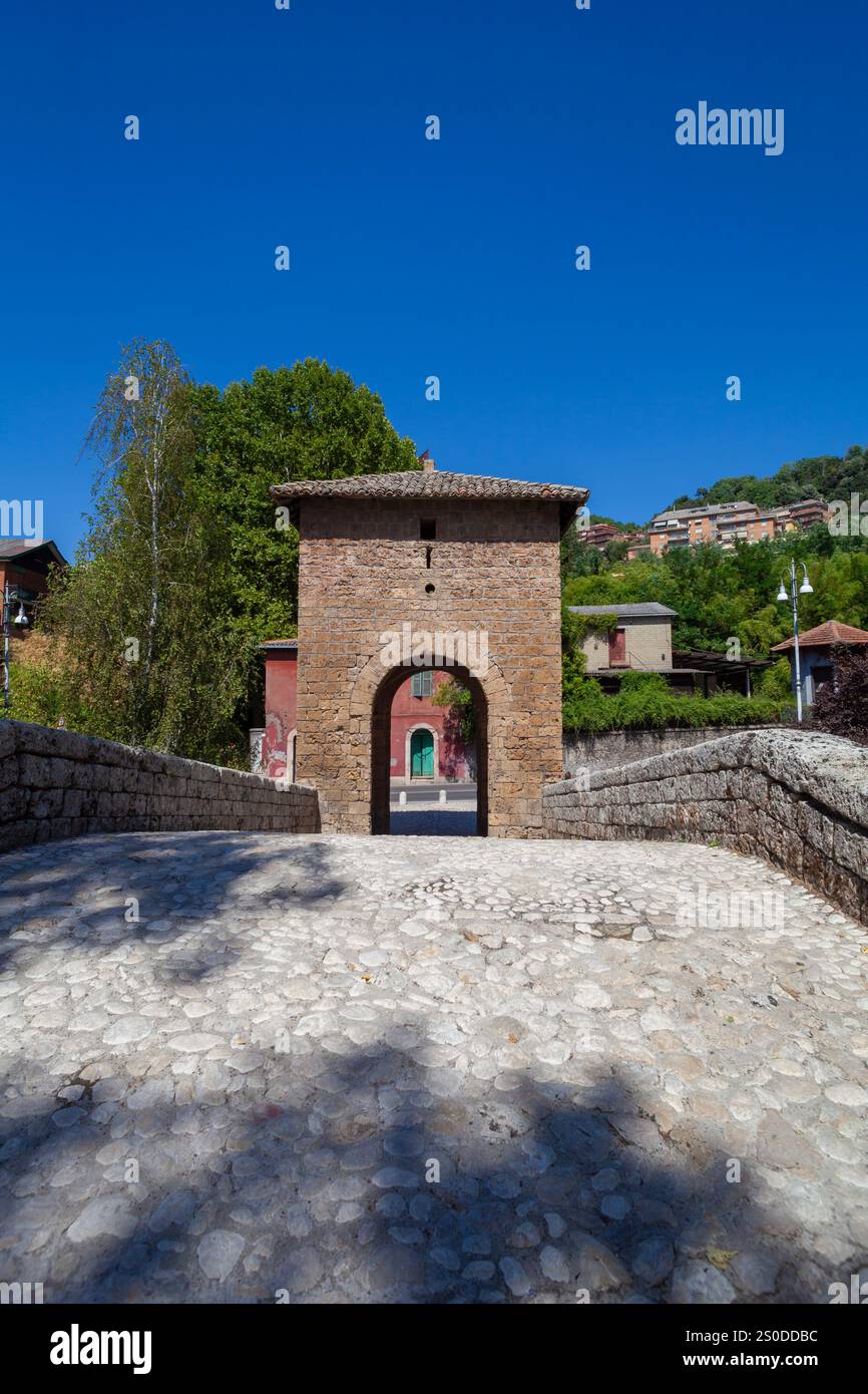 Scenic medieval bridge San Francesco Subiaco Italy over Aniene River ...
