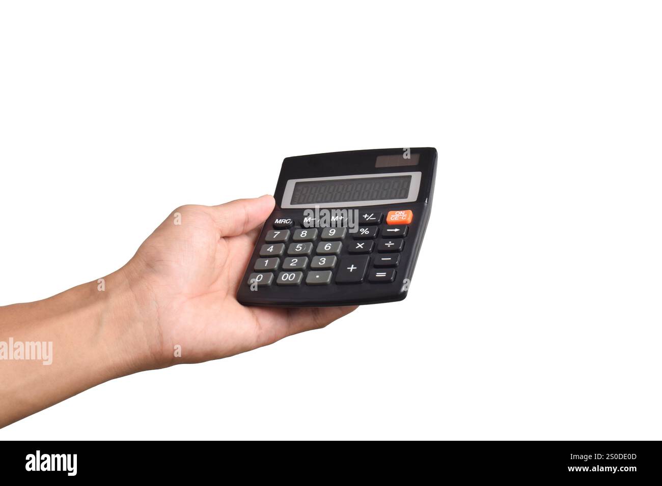 Hand hold calculator isolated on white background Stock Photo - Alamy