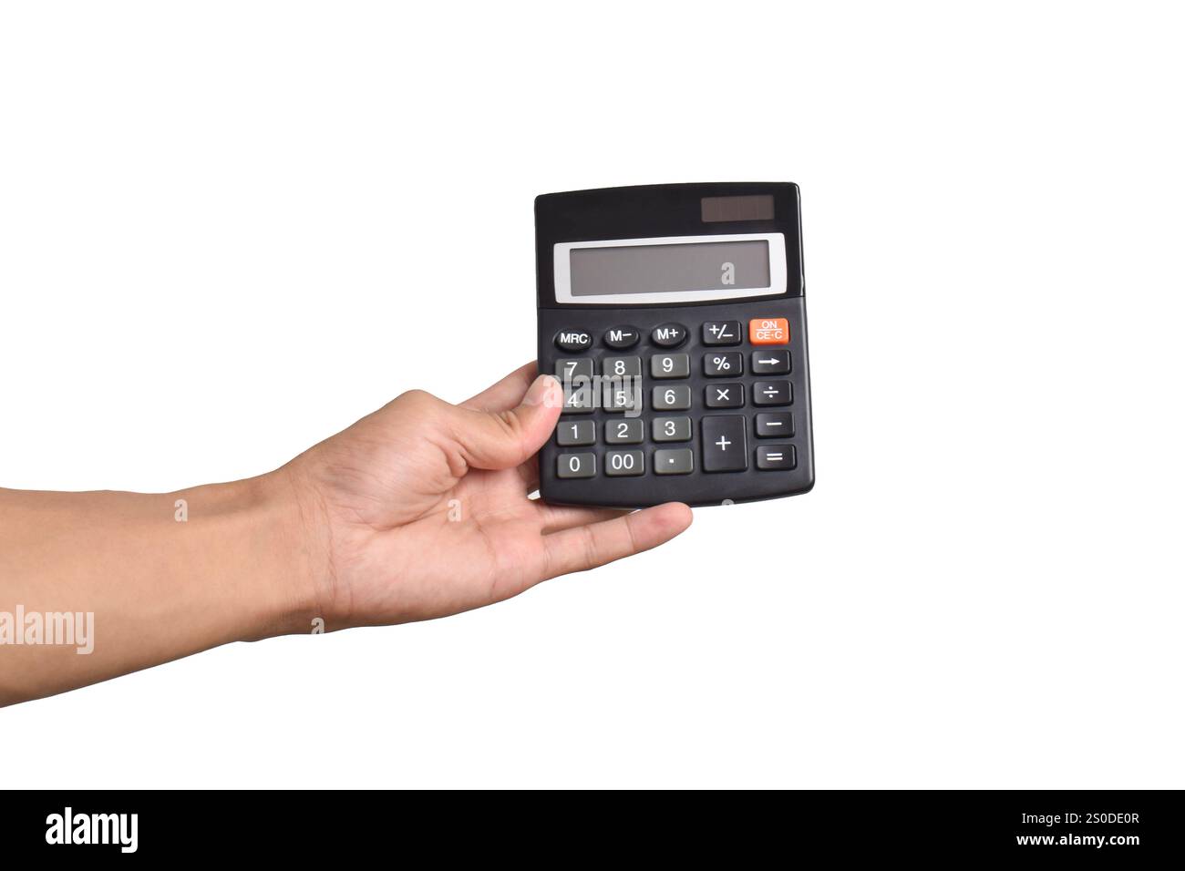 Hand hold calculator isolated on white background Stock Photo - Alamy