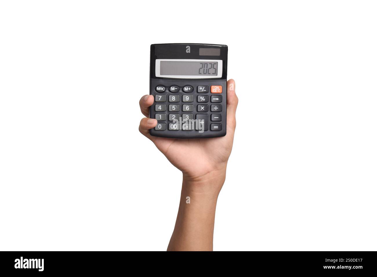 Hand hold calculator isolated on white background Stock Photo - Alamy