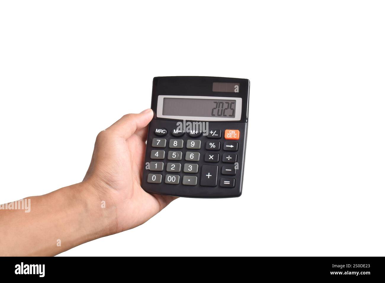 Hand hold calculator isolated on white background Stock Photo - Alamy