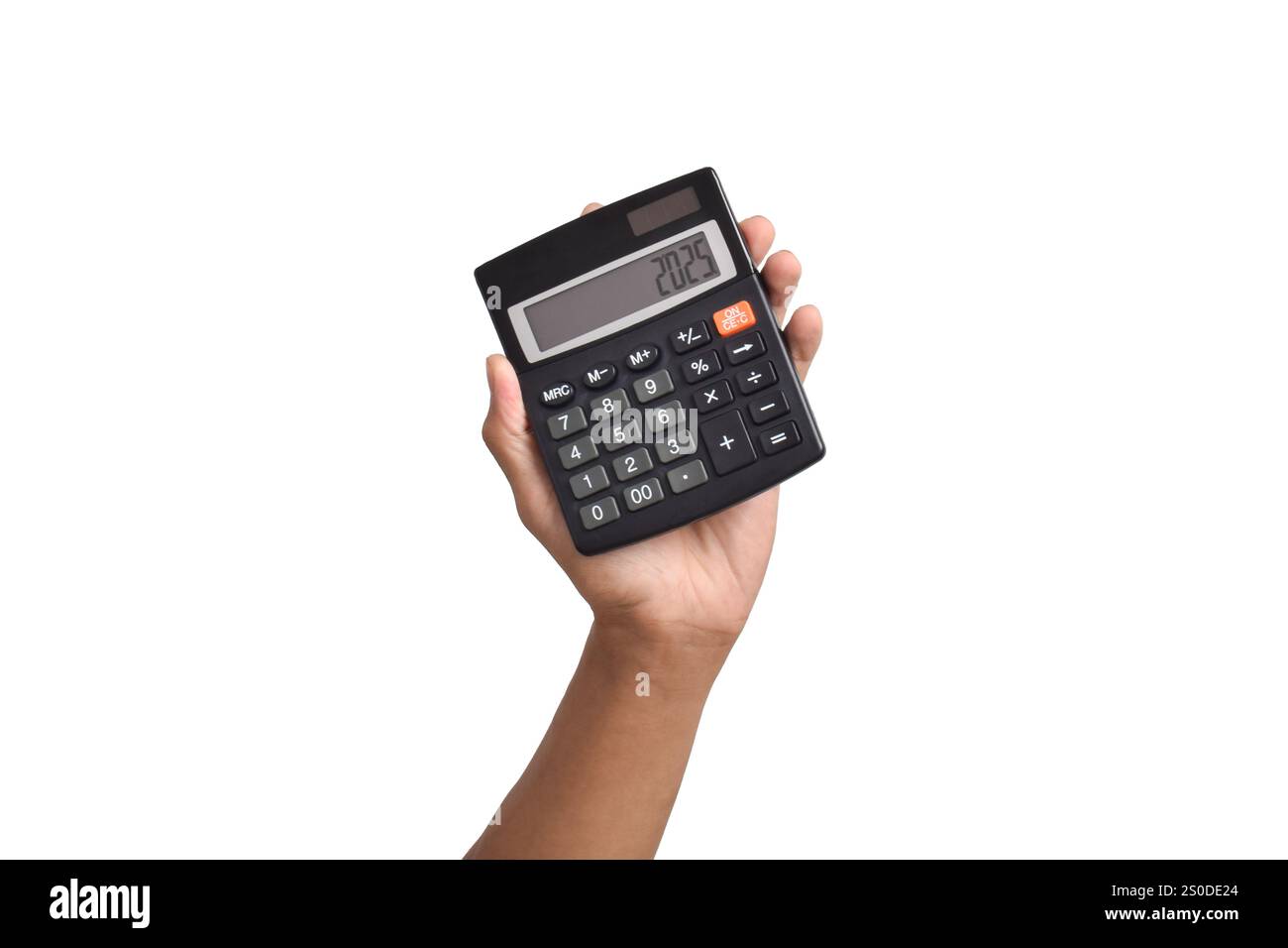 Hand hold calculator isolated on white background Stock Photo - Alamy