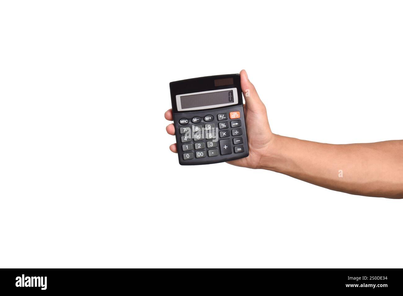 Hand hold calculator isolated on white background Stock Photo - Alamy