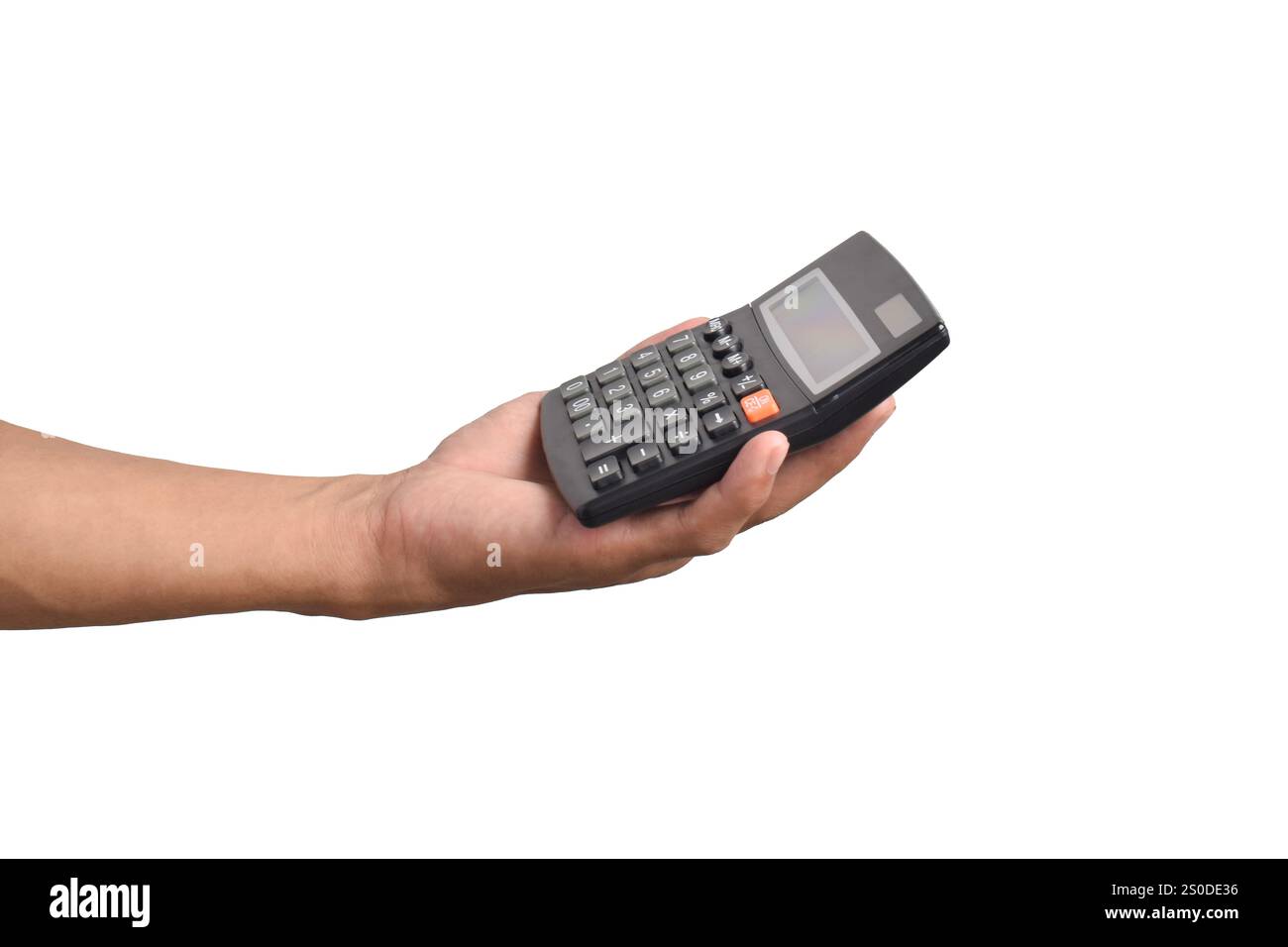 Hand hold calculator isolated on white background Stock Photo - Alamy