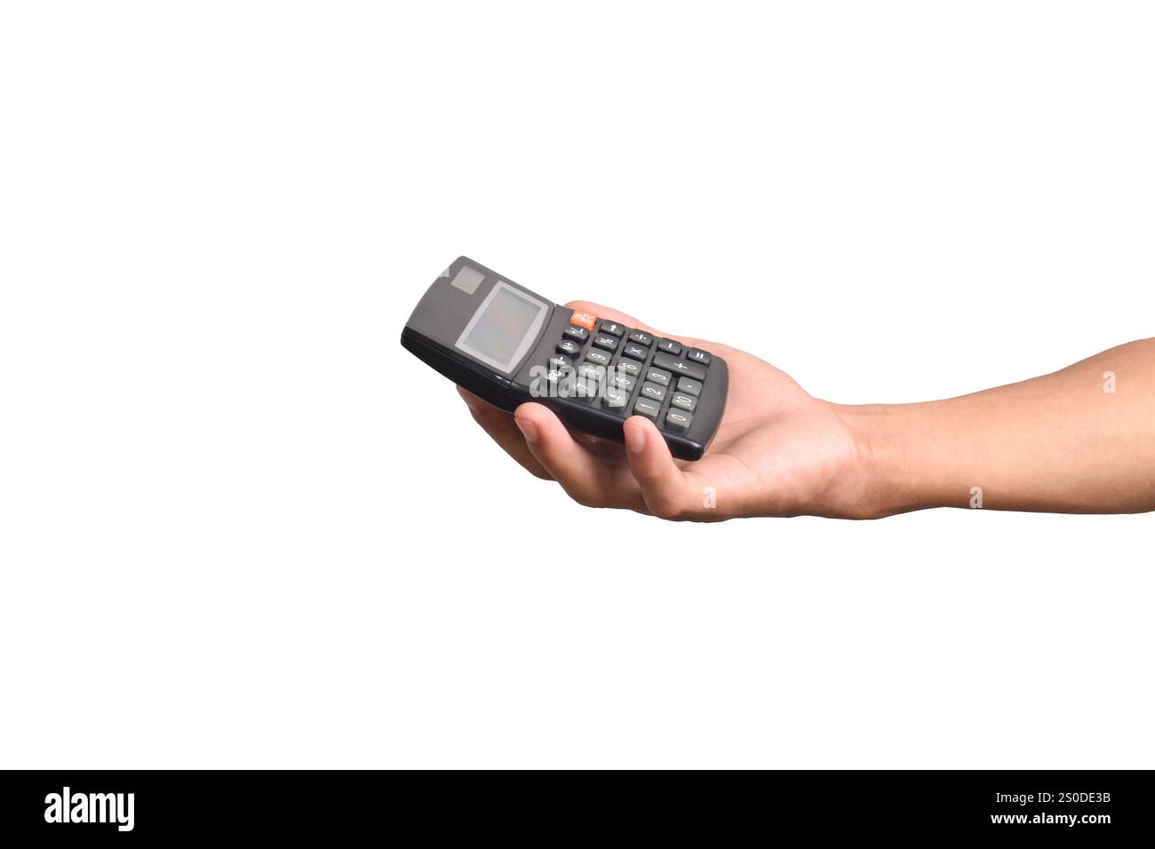 Hand hold calculator isolated on white background Stock Photo - Alamy