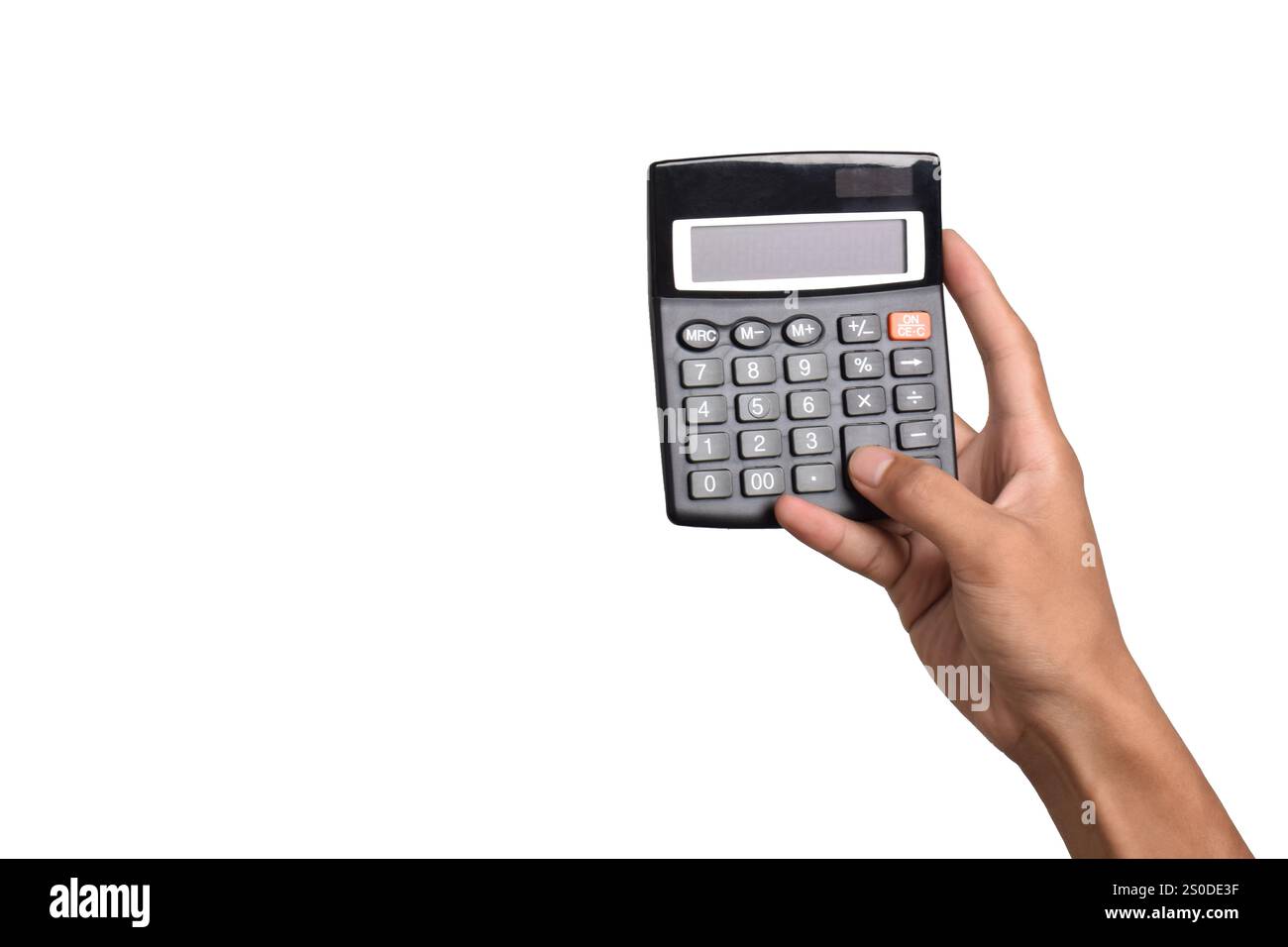 Hand hold calculator isolated on white background Stock Photo - Alamy