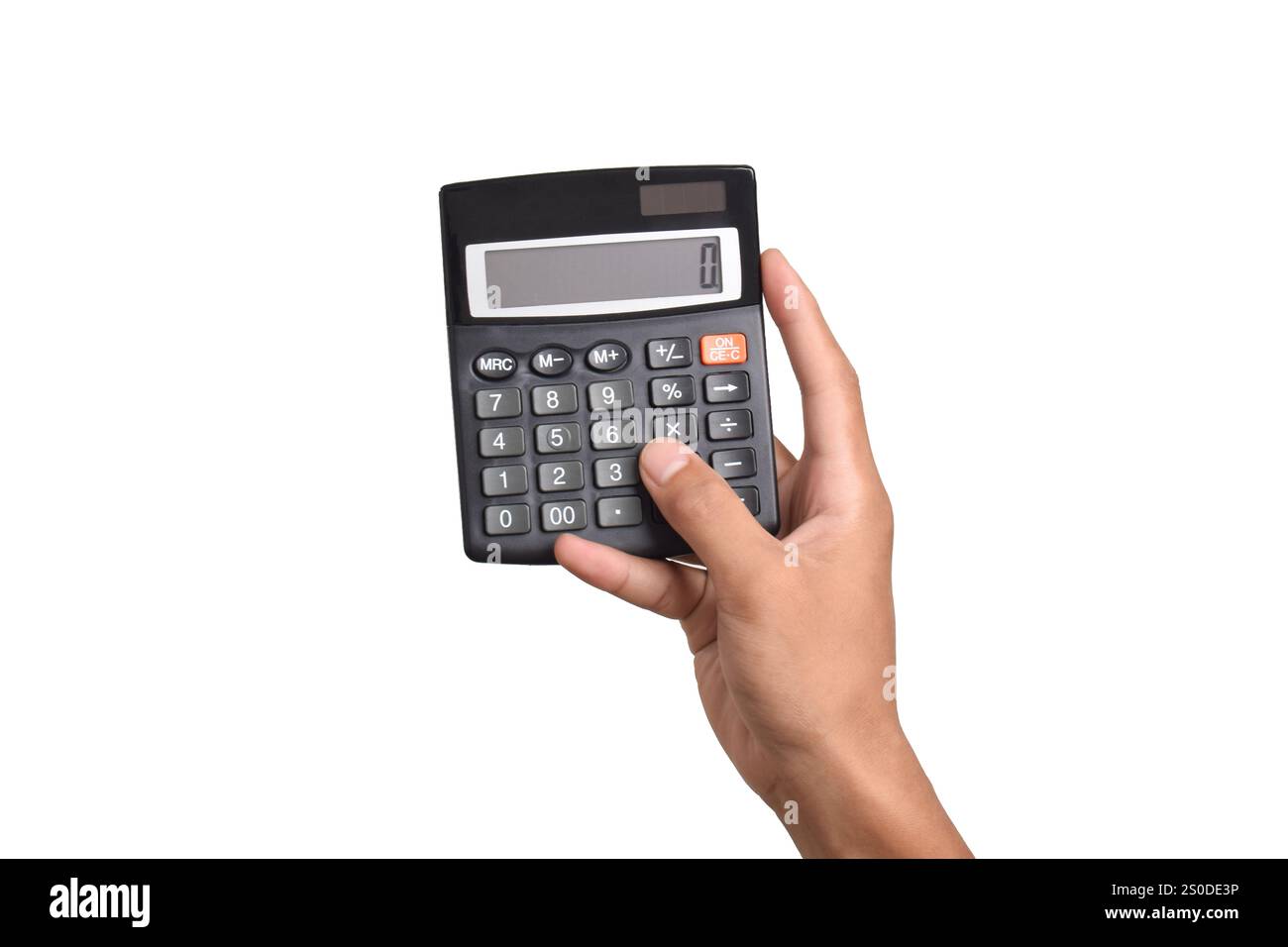 Hand hold calculator isolated on white background Stock Photo - Alamy