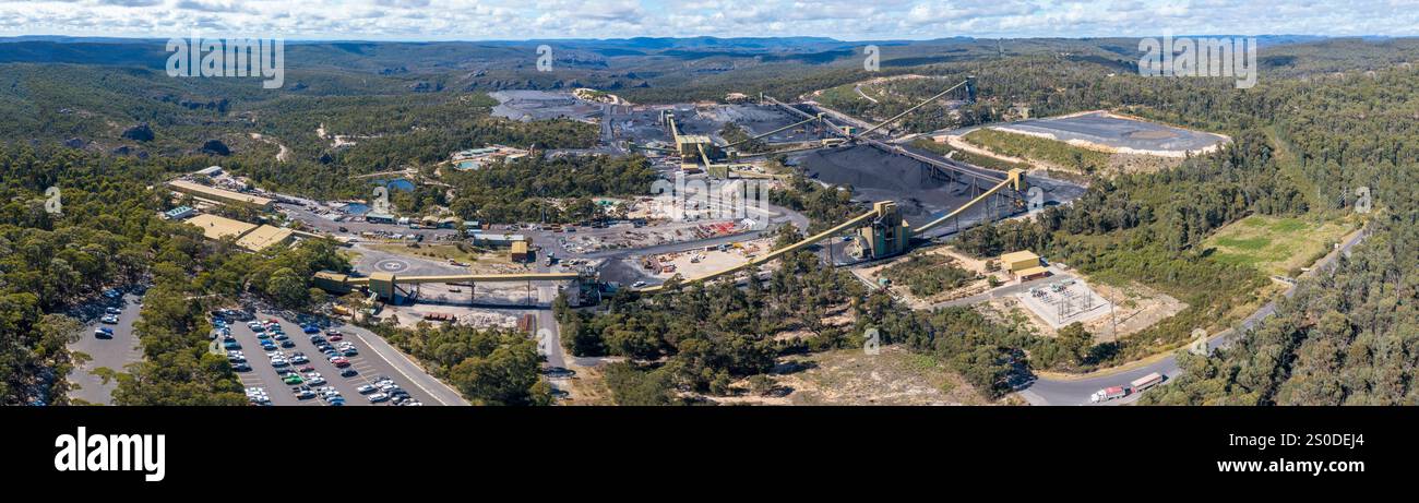 Drone aerial panoramic photograph of a working industrial coal colliery ...