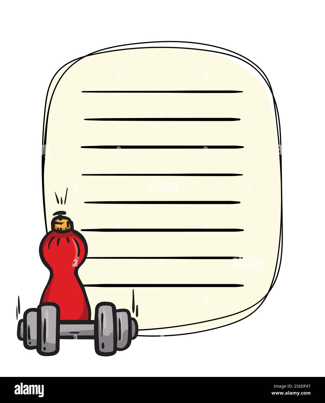 Bright vector notepad page template with dumbbells and bottle of water ...