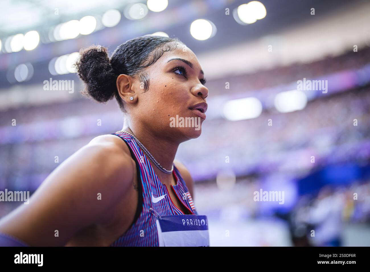 Rachel Glenn participating in the high jump at the Paris 2024 Olympic ...