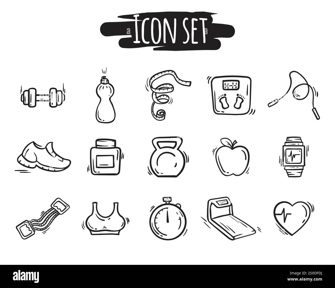 Black and white set of fitness, sport icons. Hand drawn signs and ...