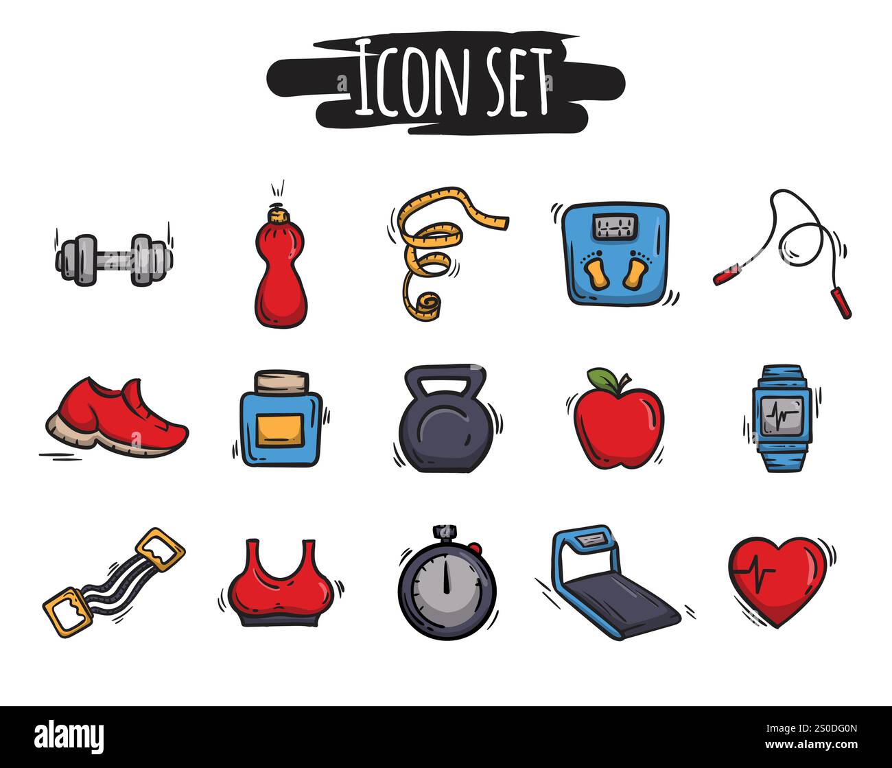 Bright set of fitness, sport icons. Hand drawn signs and symbols of ...