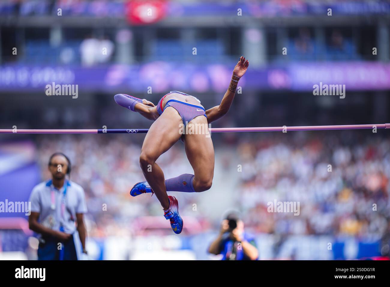 Rachel Glenn participating in the high jump at the Paris 2024 Olympic ...