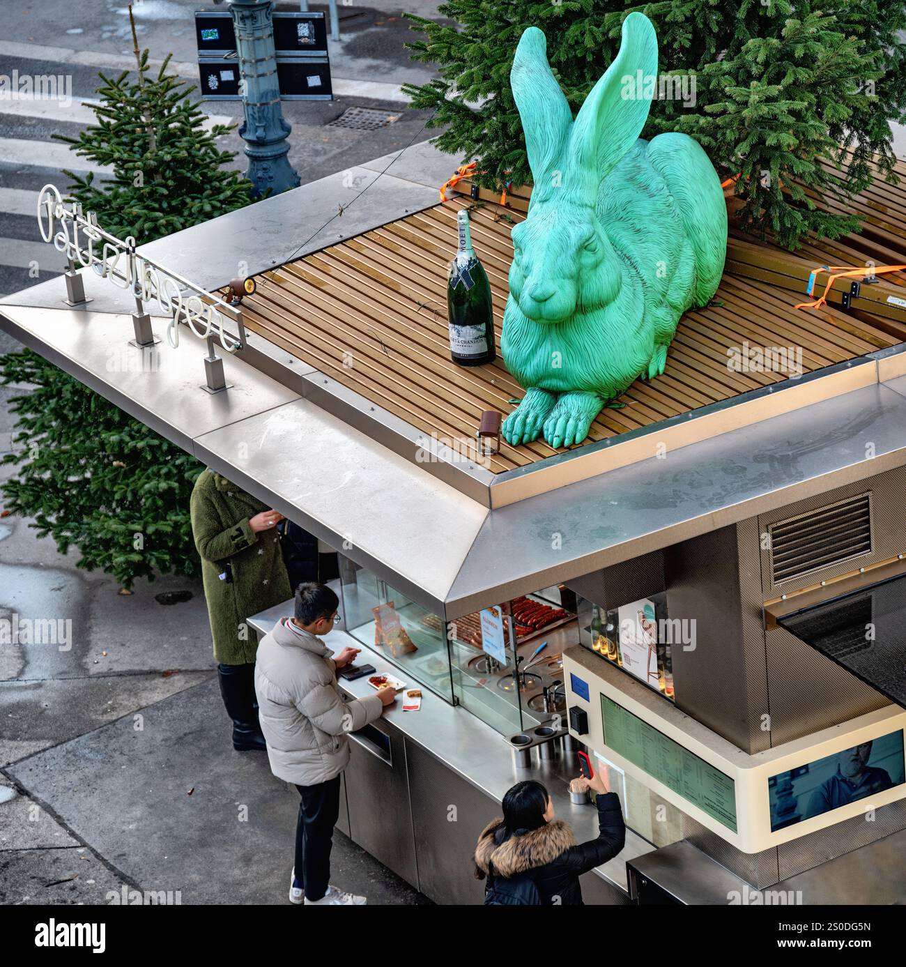 Sausage stand at Albertina square with bottle of champagne and large ...