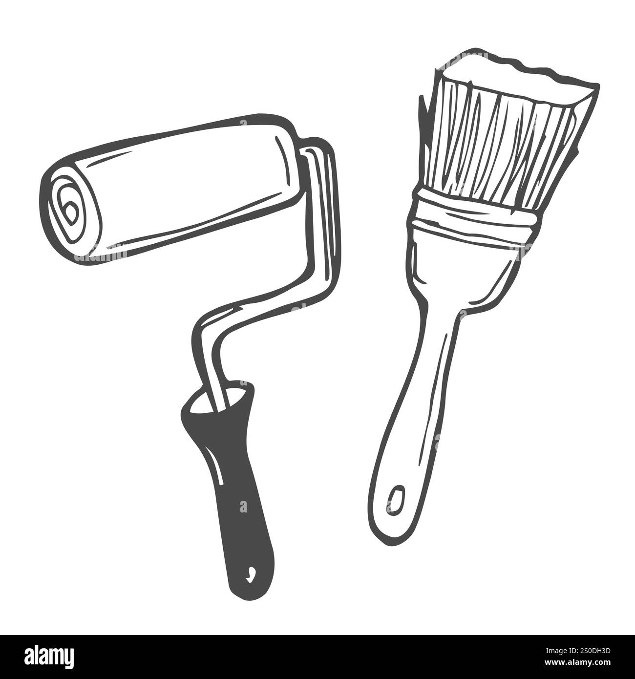 Paint roller and brush icon. Colored outline silhouette. Vector flat ...