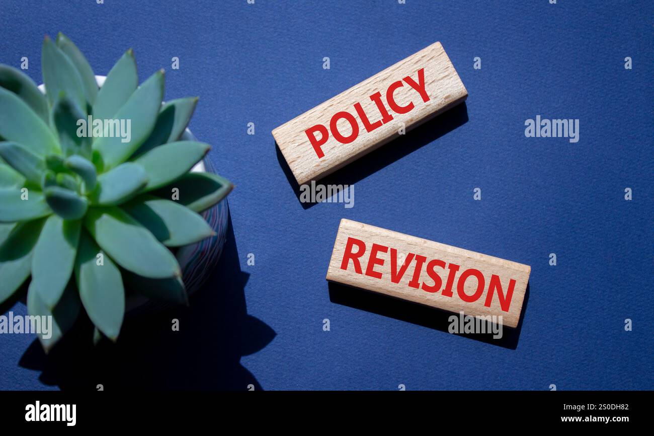 Policy revision symbol. Concept word Policy revision on wooden blocks ...