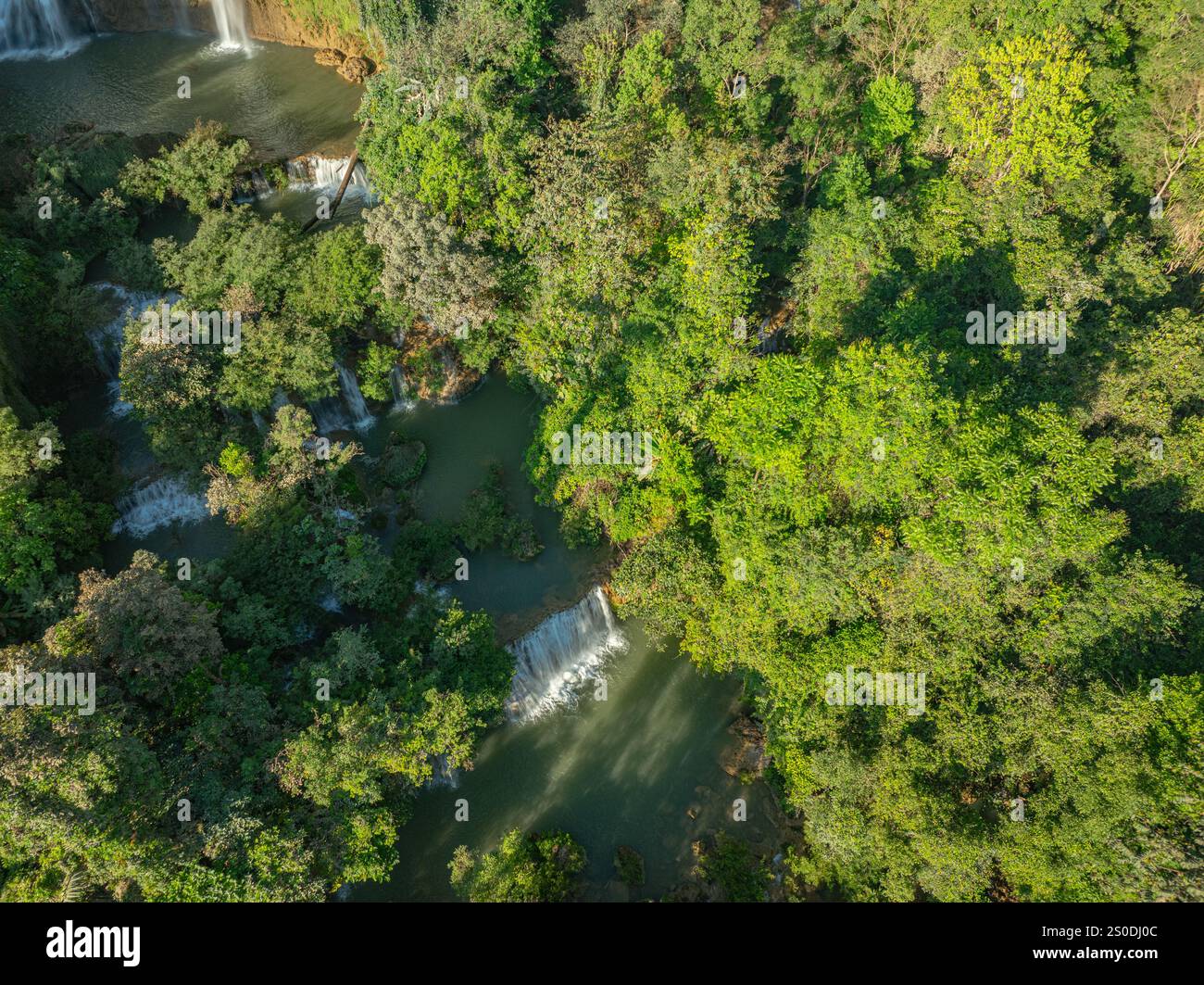 Aerial View Numerous waterfalls flow from wide, steep cliffs. Thi Lor ...