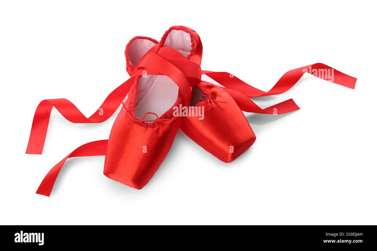 Pair of beautiful red pointe shoes isolated on white Stock Photo - Alamy