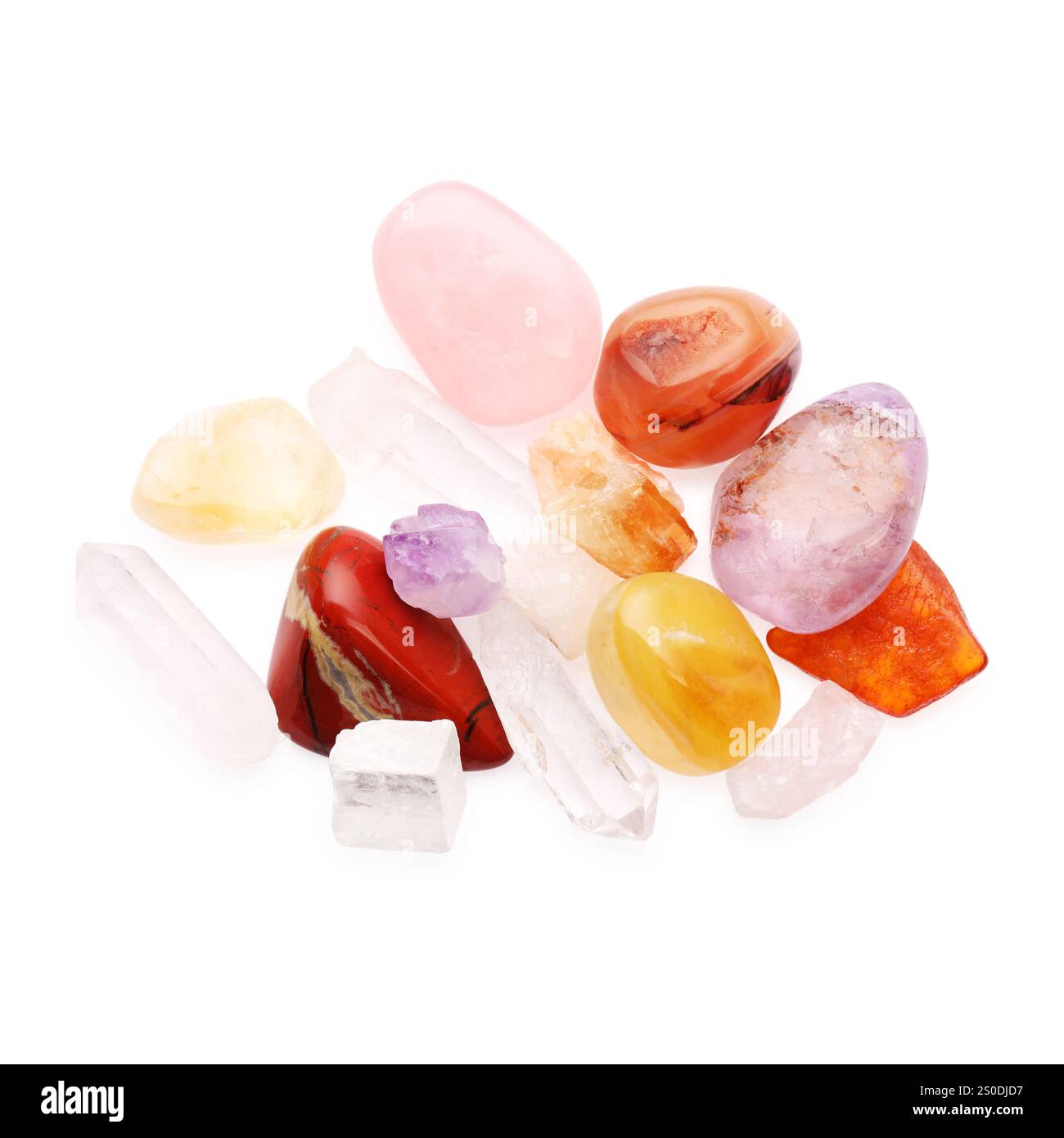 Pile of different natural mineral stones isolated on white, top view ...