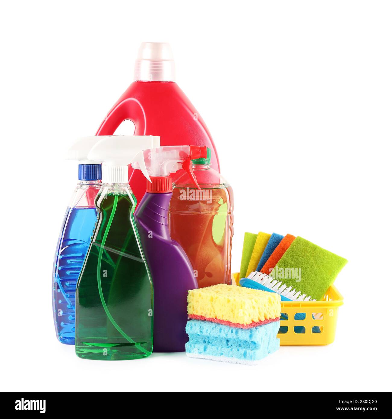 Set of different cleaning products isolated on white Stock Photo - Alamy