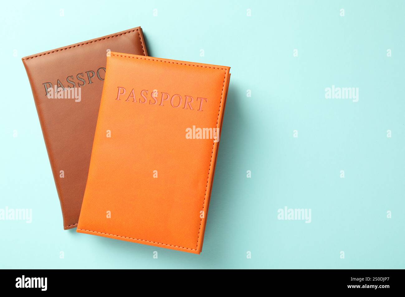 Passports in color covers on light blue background, top view. Space for ...