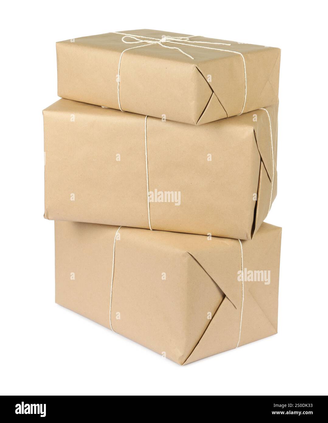 Stack of parcel boxes wrapped in paper isolated on white Stock Photo ...