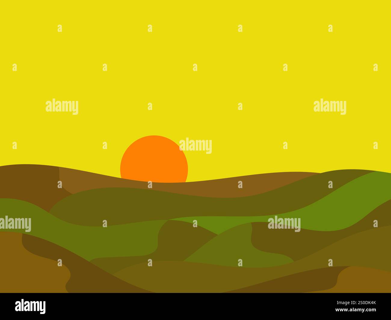 Sunset over green hills. Sun above the horizon of a wavy landscape with ...