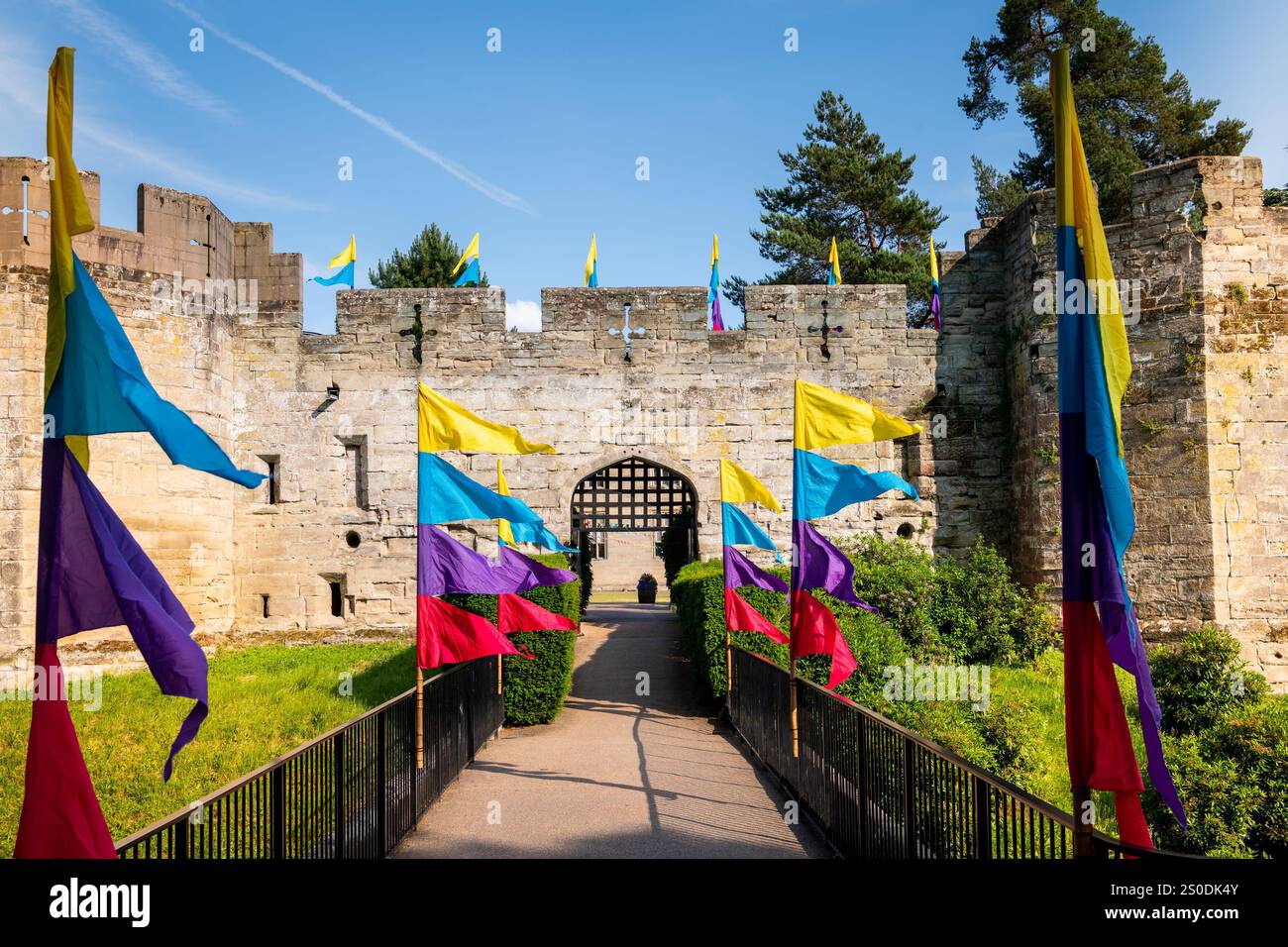 View of one of the entrance gates into Warwick Castle, Warwickshire ...