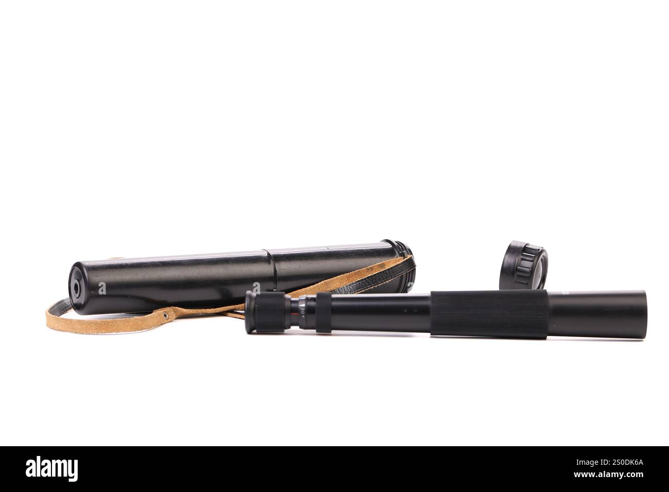 Black cover and spyglass lying on a white background Stock Photo - Alamy