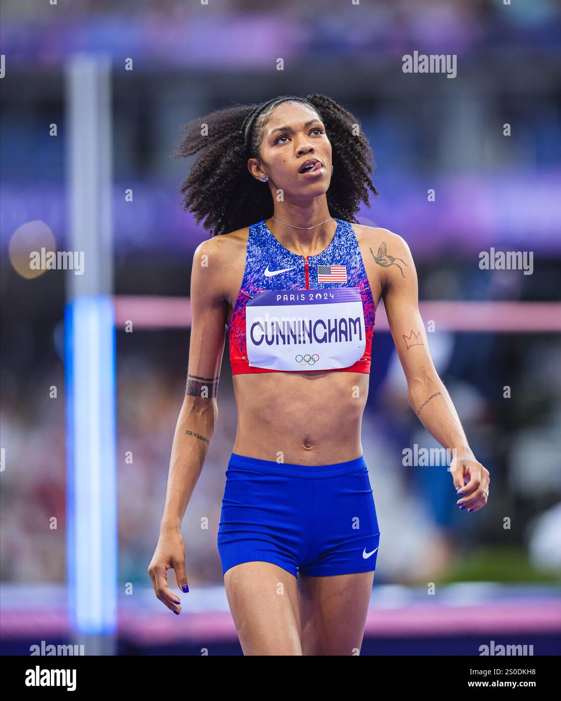 Vashti Cunningham participating in the high jump at the Paris 2024 ...