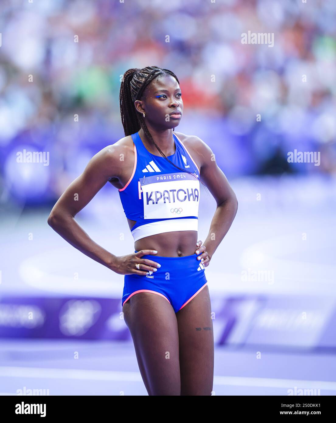 Hilary Kpatcha participating in the long jump at the Paris 2024 Olympic ...