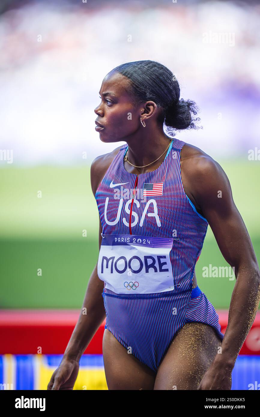 Jasmine Moore participating in the long jump at the Paris 2024 Olympic ...
