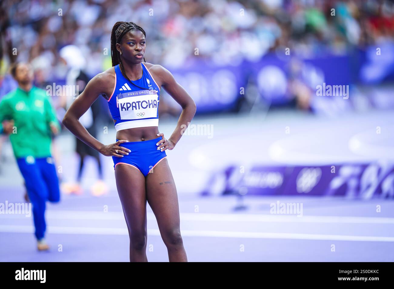 Hilary Kpatcha participating in the long jump at the Paris 2024 Olympic ...