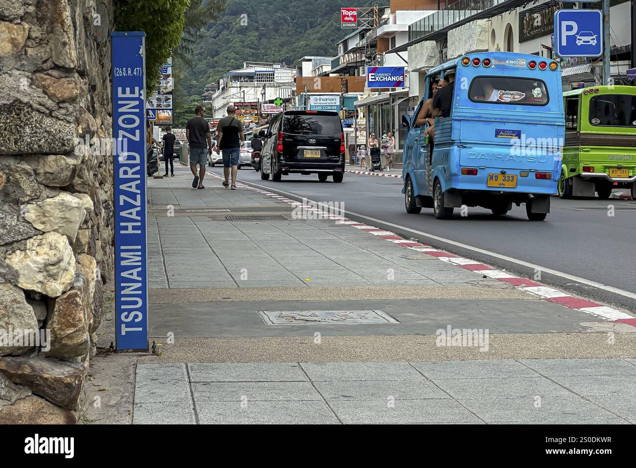 Tsunami Hazard Zone. Warning sign, signposting of escape routes in the ...