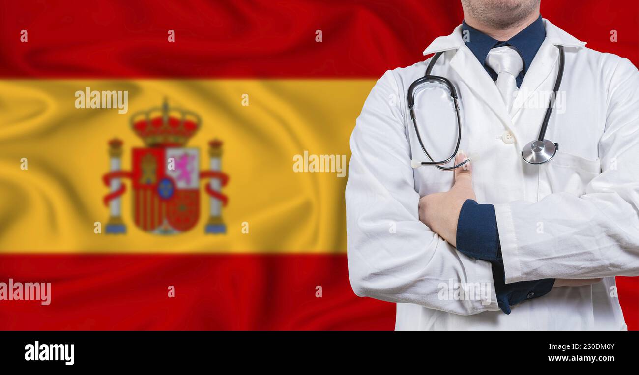 Male doctor with stethoscope on Spain flag. Doctor holding stethoscope ...