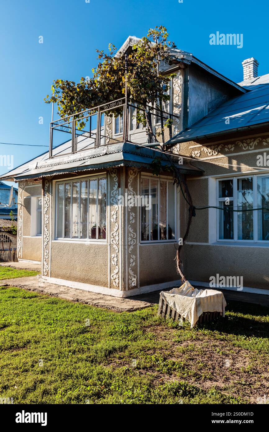 A house with a large tree in front of it. The house has a lot of ...