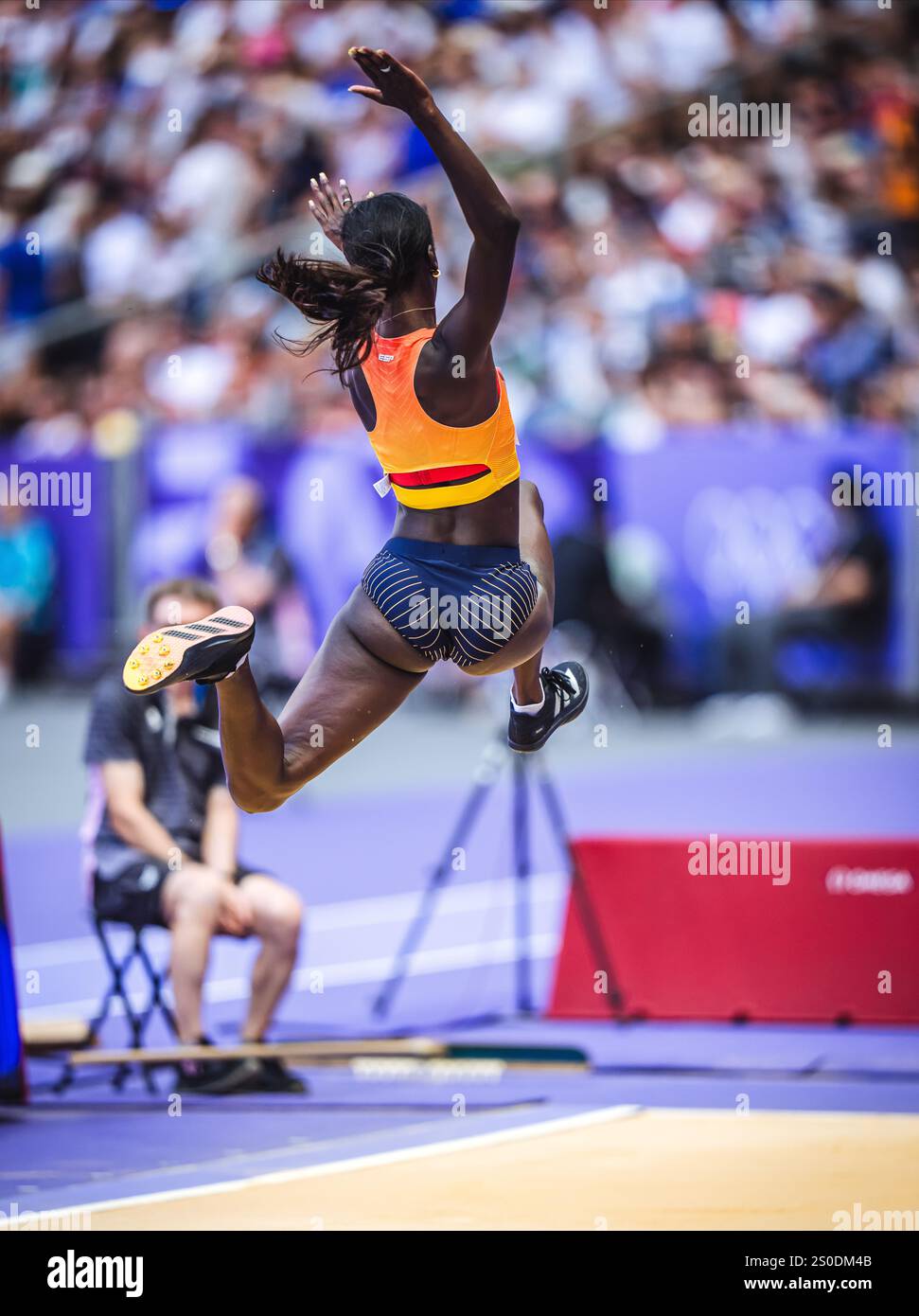 Fátima Diame participating in the long jump at the Paris 2024 Olympic ...