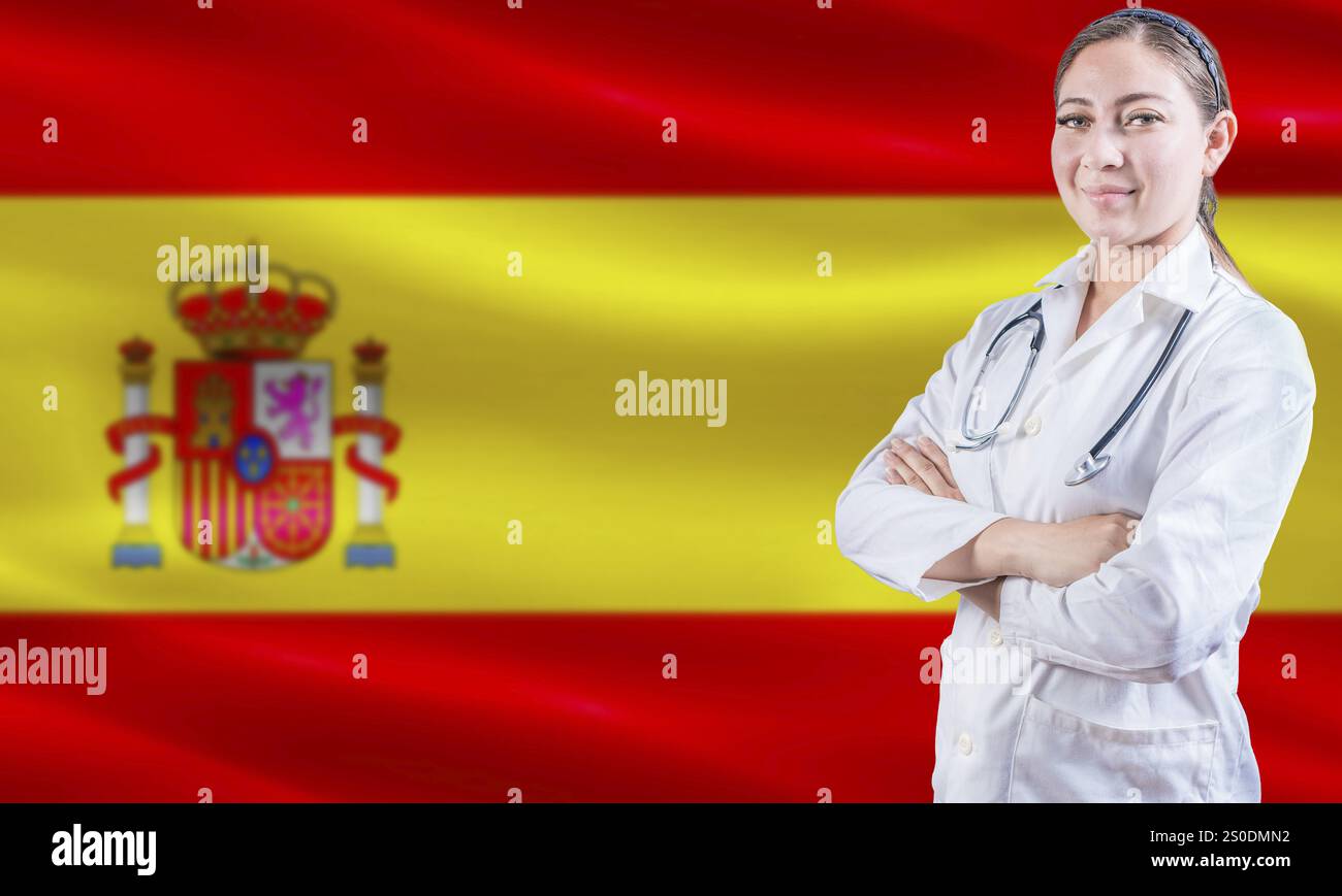 Female doctor on Spain flag. Doctor with crossed arms on Spain flag ...