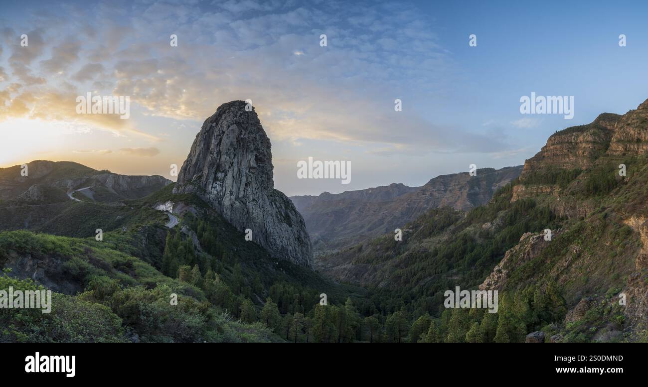 Roque de Agando rock tower at sunrise, Monumento Natural de los Roques, La Gomera, Canary ...