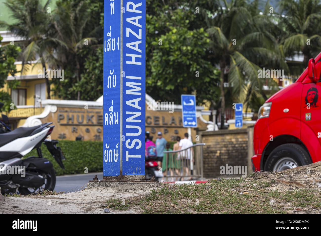 Tsunami Hazard Zone. Warning sign, signposting of escape routes in the ...