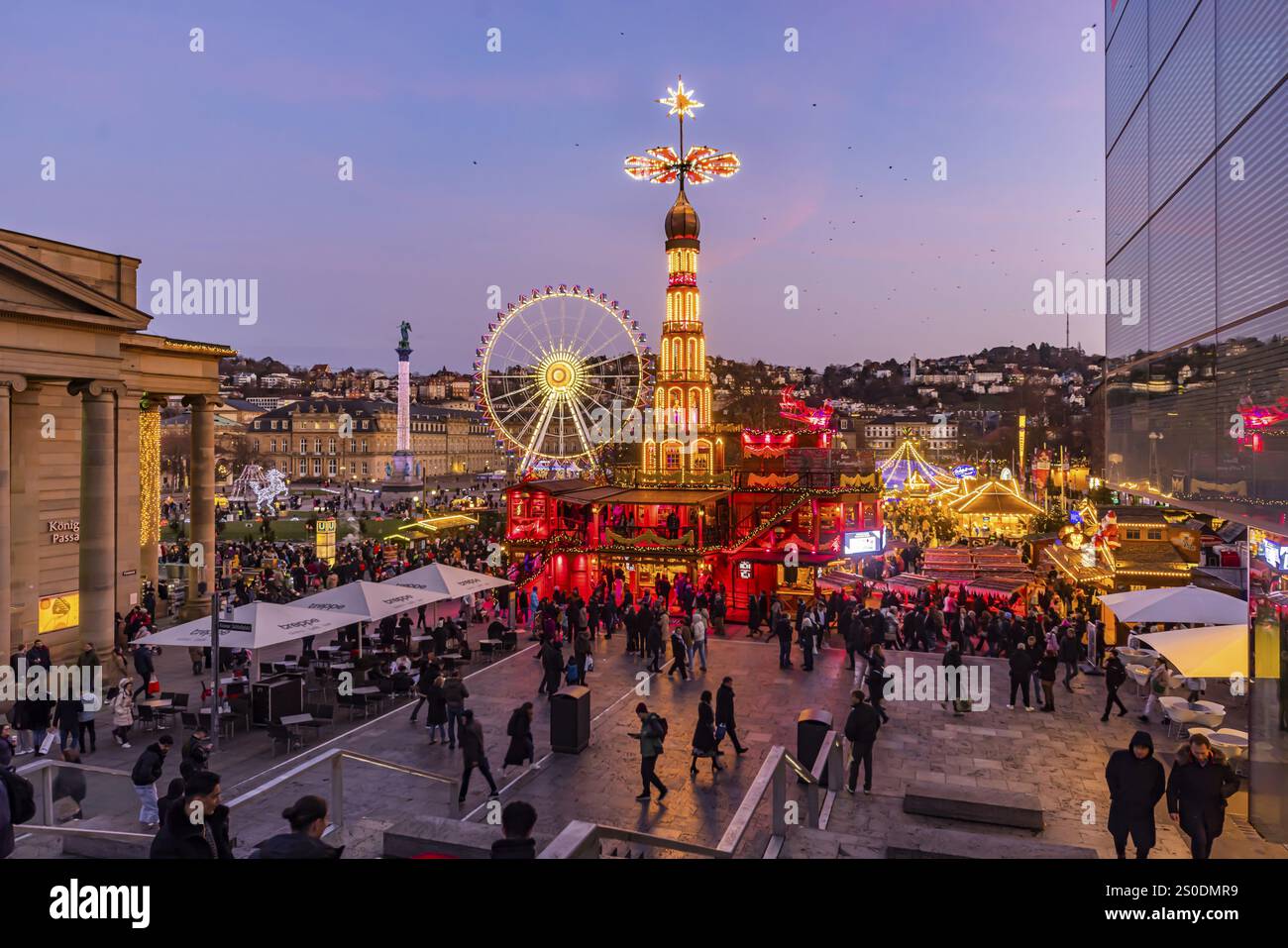 Stuttgart Christmas market at the blue hour. Christmas pyramid on ...