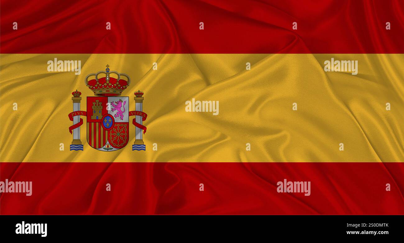 Close up of flag of Spain with cloth texture. Realistic Spain flag ...